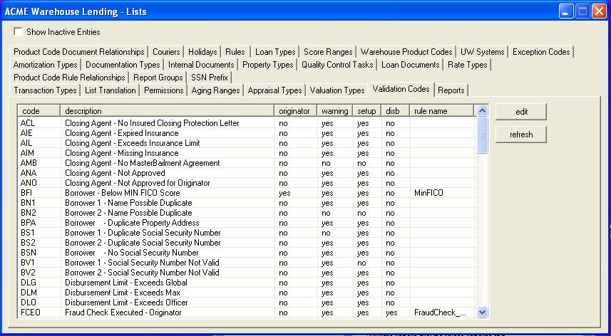 Tab - Lists - Validation Codes