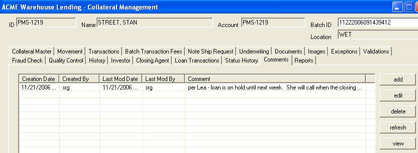 Tab - Collateral - Comments